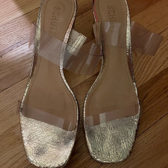 SCHUTZ | Shoes | Schutz X Revolve Anillda Mule Gold Clear Heels | Poshmark